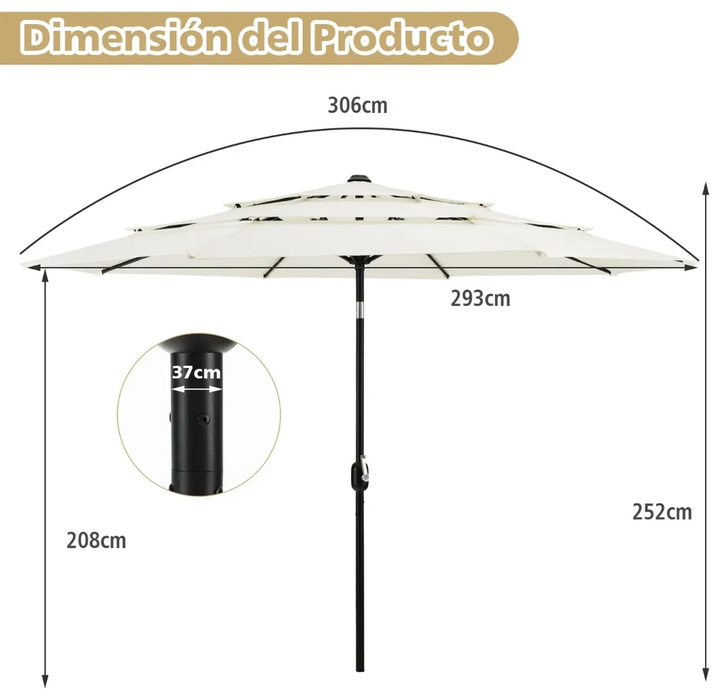 Guarda-sol jardim 3 m de 3 camadas de com ventilação dupla (BASE NÃO ...