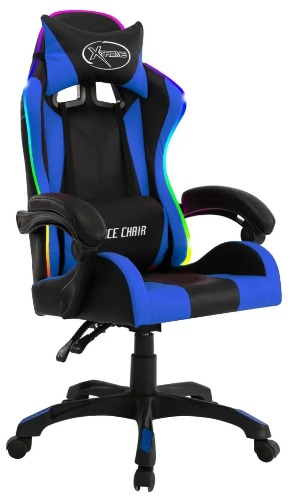 Cadeira estilo corrida c/ luzes LED RGB couro artif. azul/preto | BIANO