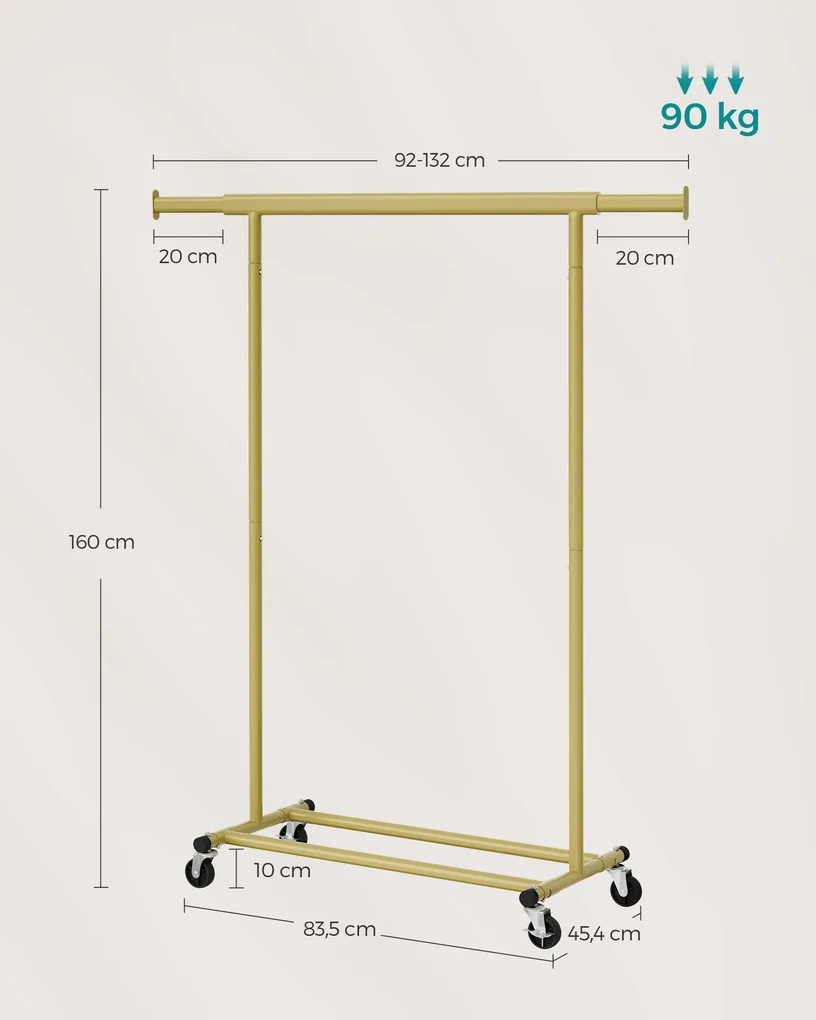 Cabide Guarda Roupa com Rodas, carga até 90 kg dourado claro | BIANO
