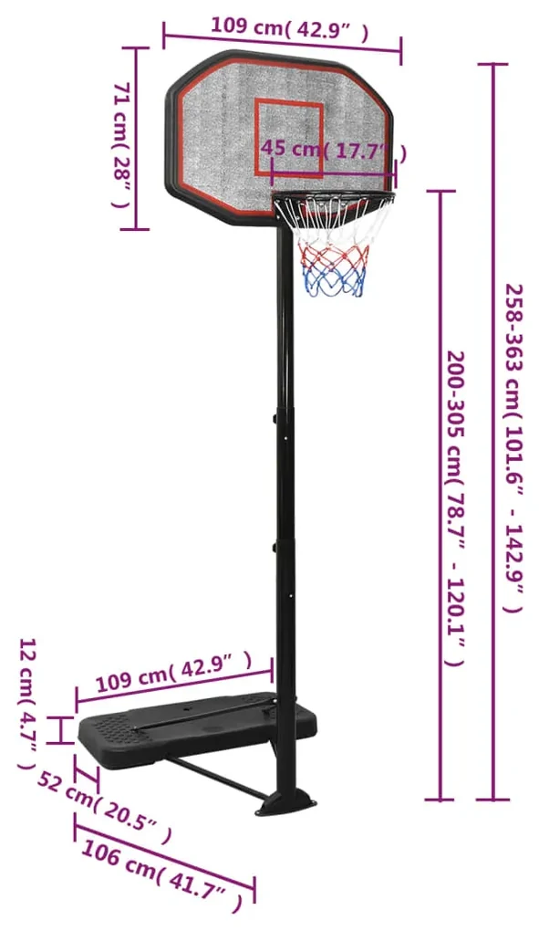 Tabela de basquetebol 258-363 cm polietileno preto | BIANO