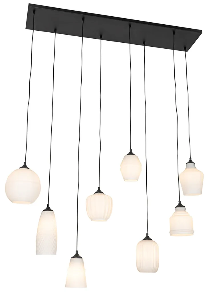Candeeiro suspenso Art Déco preto com vidro opalino 8 luzes - Hanne Art ...