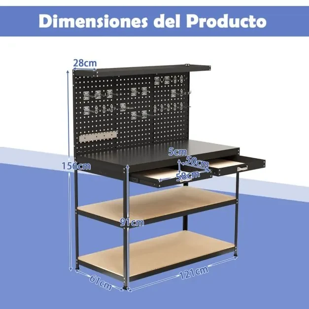 Mesa de trabalho metálica para ferramentas com painéis de perfuração de ...