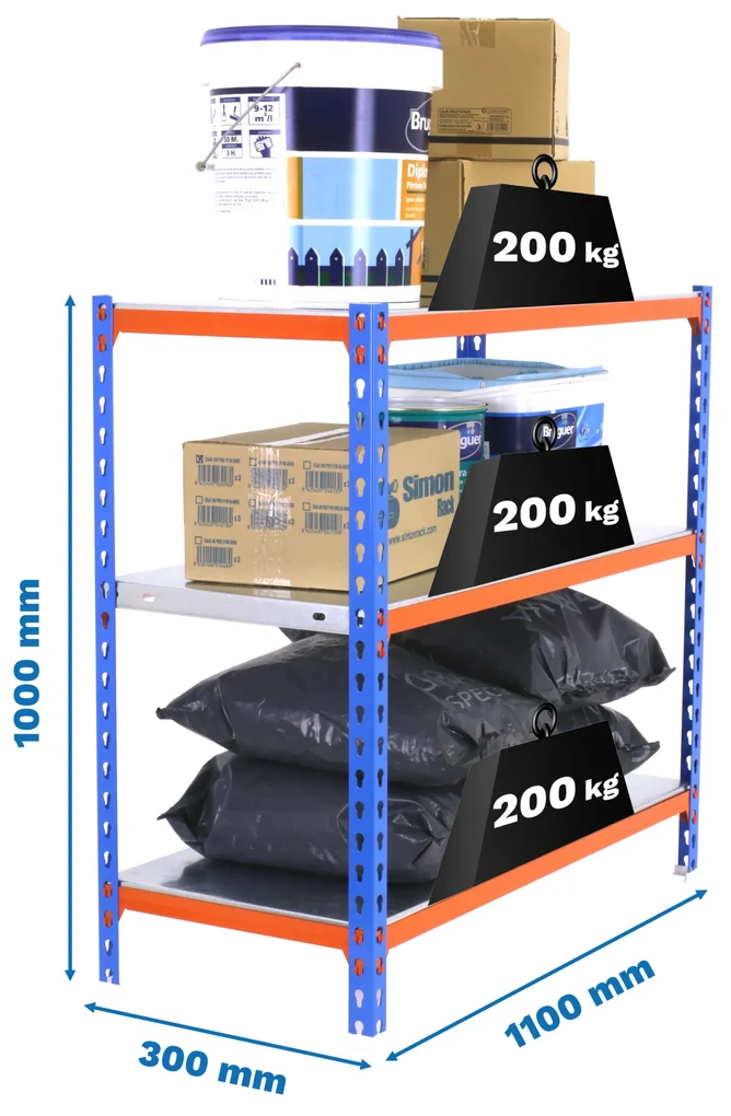Estante com 3 Prateleiras METÁLICA SIMONCLICK SUPERPLUS 3/300 1000 AZUL/LARANJA/GALVANIZADA ...