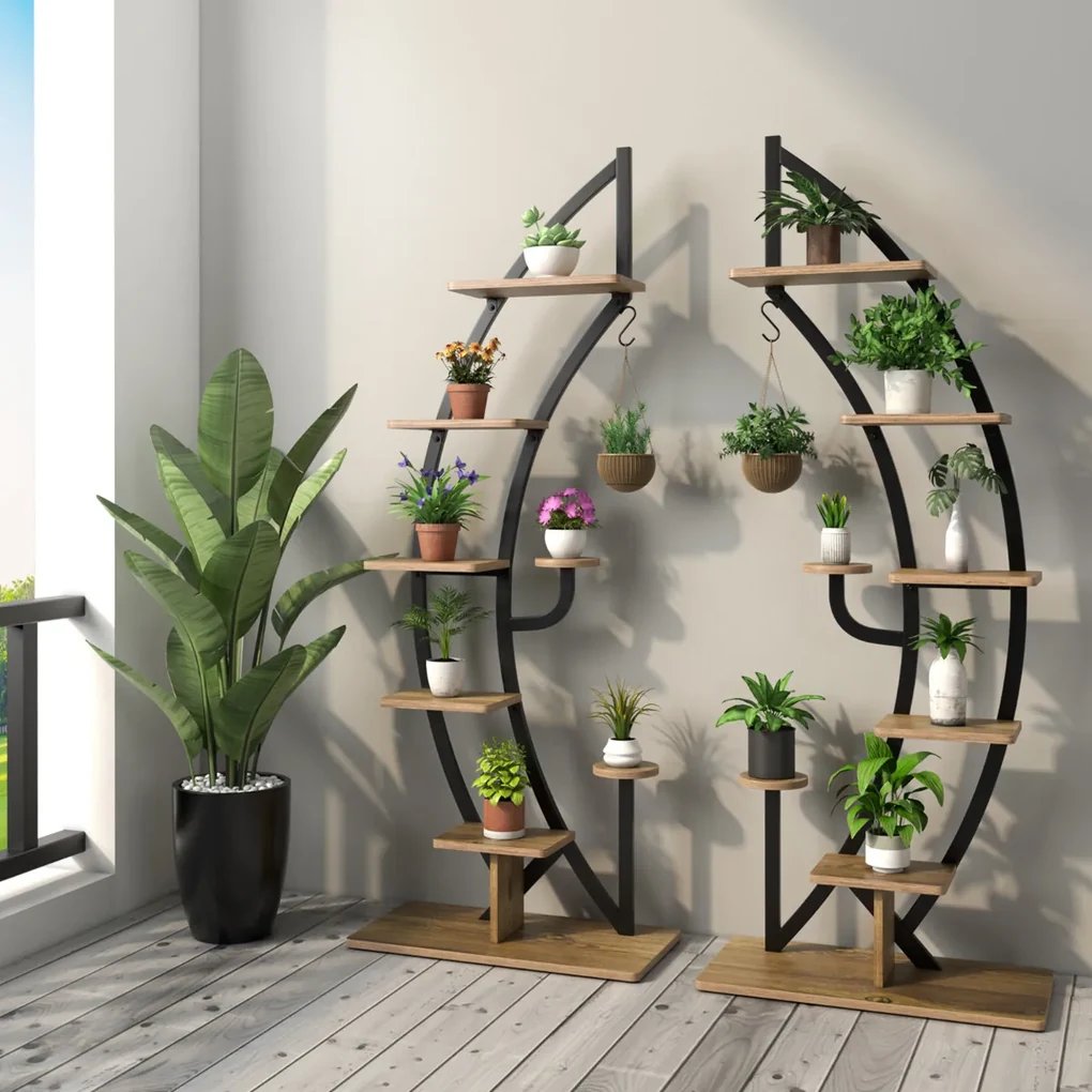 Estante de metal para plantas com 7 níveis de suporte curvo em formato ...