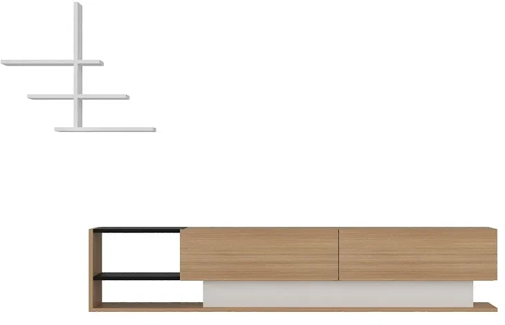 Móvel de TV "Liza" com Prateleiras de Parede – Branco e Teca - Design | BIANO