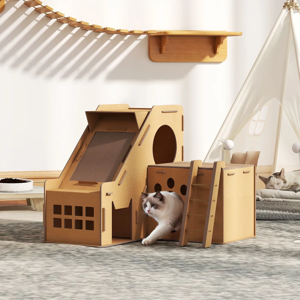 Arranhador para Gatos em Forma de Castelo 2 em 1 com 2 Áreas para ...