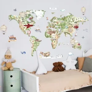 Mapa do mundo, autocolante de parede reposicionável para o quarto das ...
