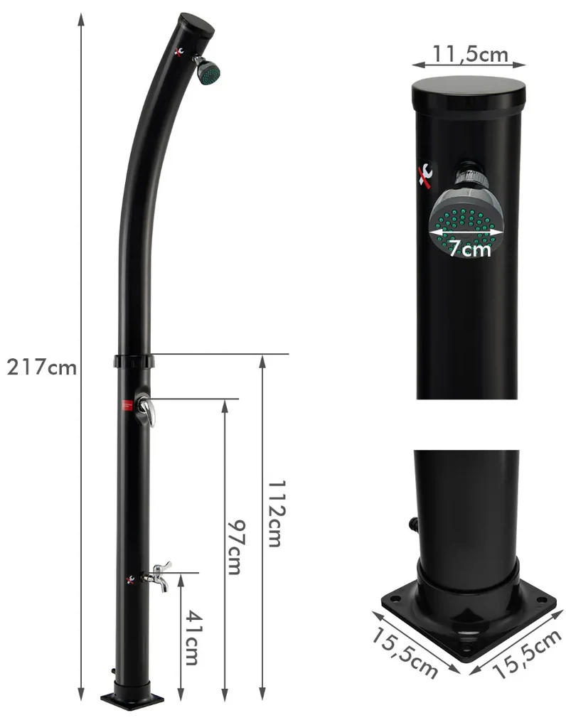 Duche Solar Exterior 217 cm 20 L com chuveiro de cabeça rotativa 360 ...